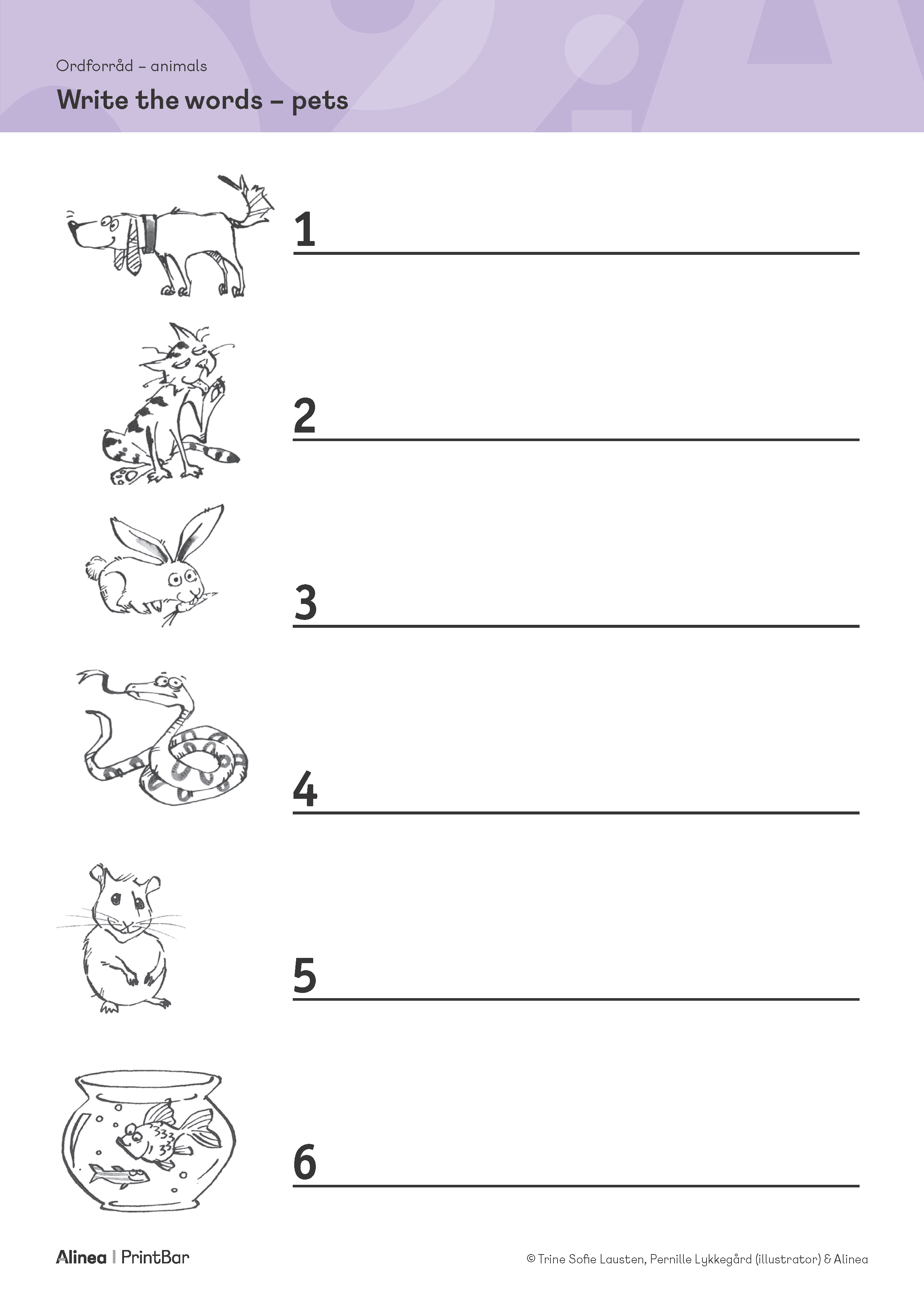 Write the words - pets | Gratis opgave til print | PrintBar | PrintBar