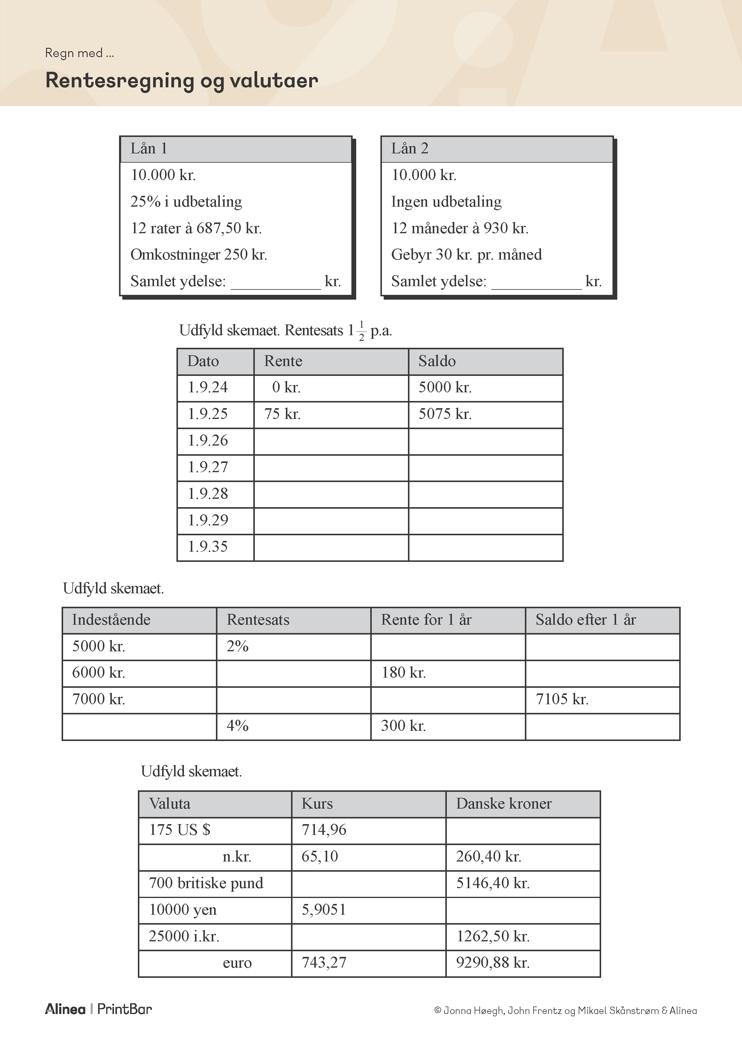 Rentesregning og valutaer | Gratis opgave til print | PrintBar | PrintBar